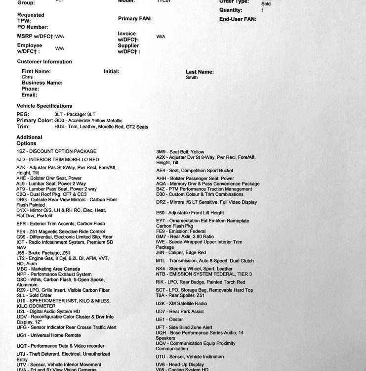Check Out the 2020 Corvette C8's Order Sheet